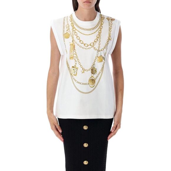 Balmain | Tops | Balmain Logo Chain Print Sleeveless Top Women White ...